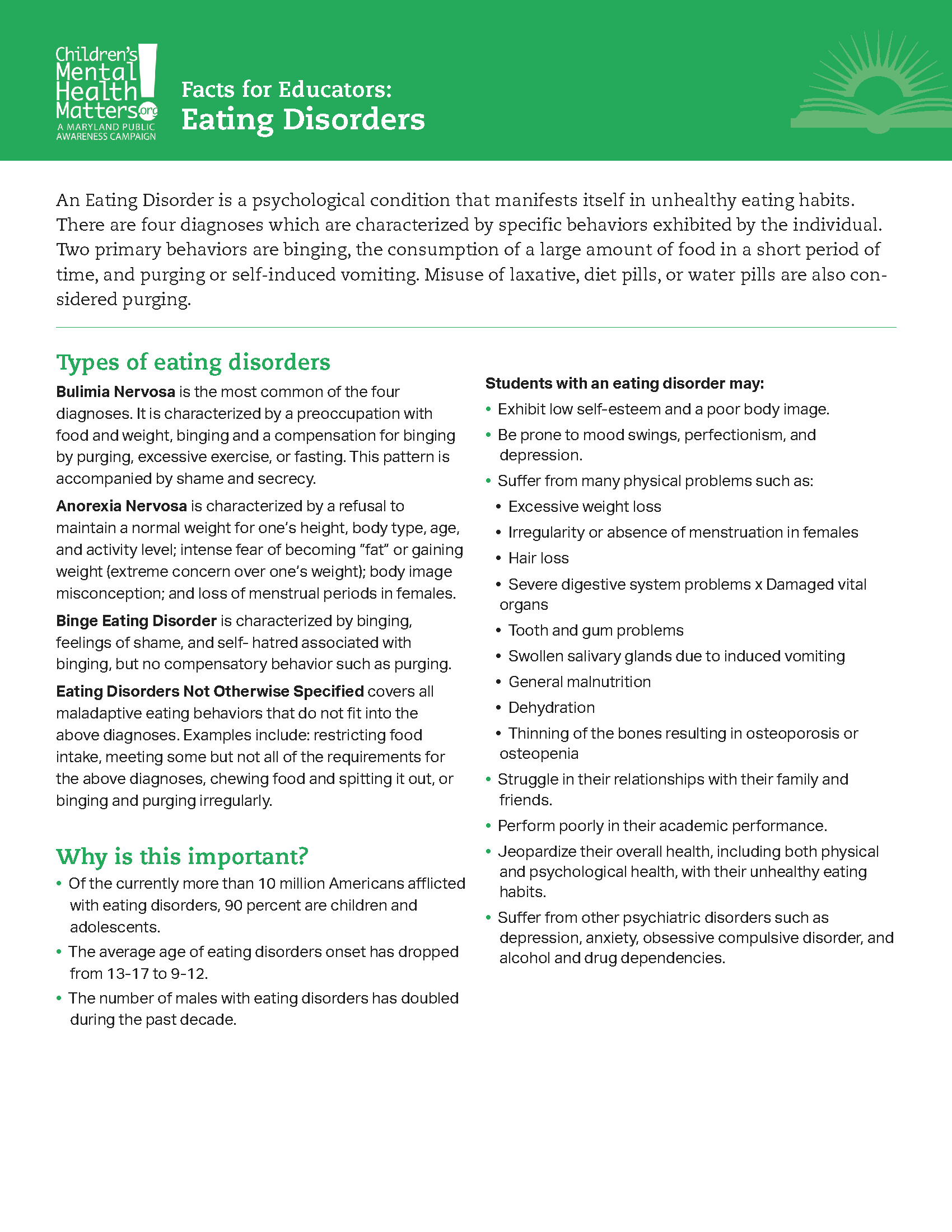 Eating Disorders: Facts for Educators - Children's Mental Health Matters