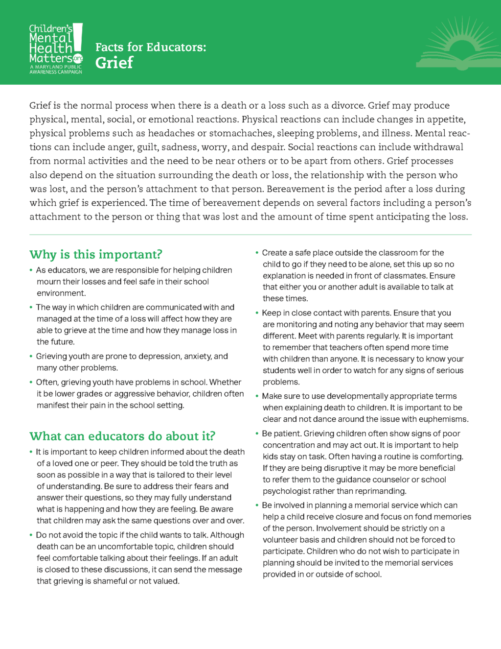Grief: Facts for Educators - Children's Mental Health Matters
