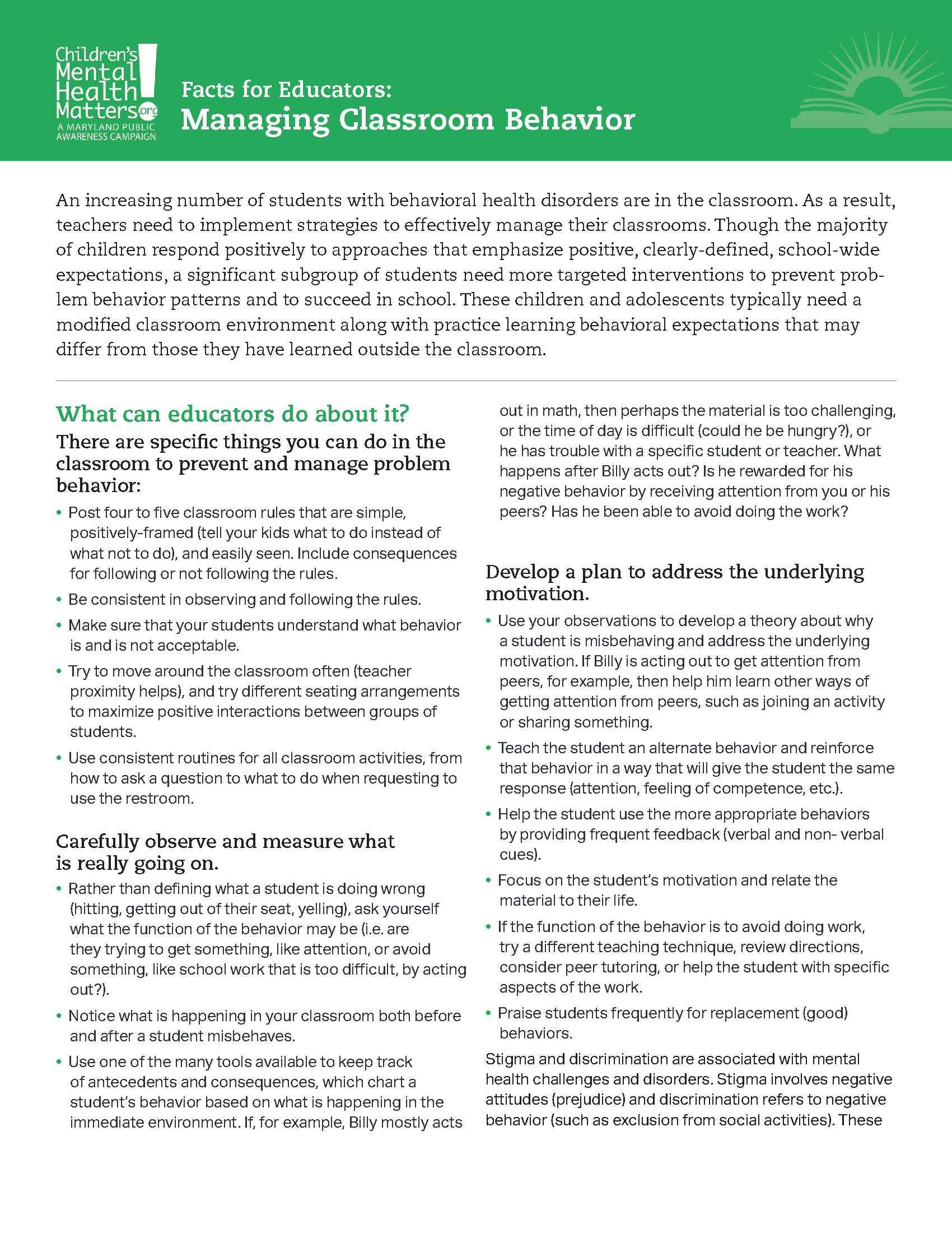 Managing Classroom Behavior: Facts for Educators - Children's Mental ...