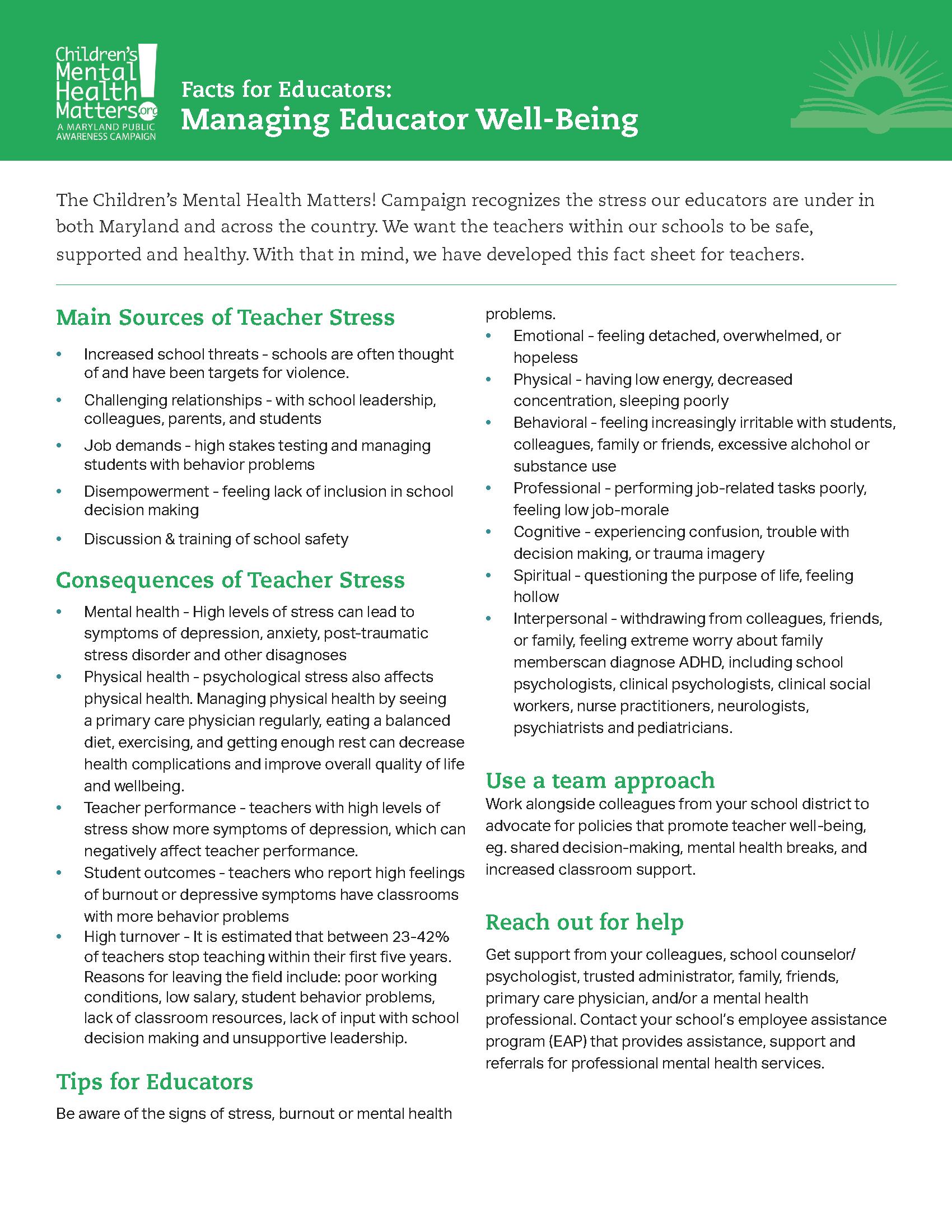 Managing Educator Stress & Well-Being: Facts for Educators - Children's ...