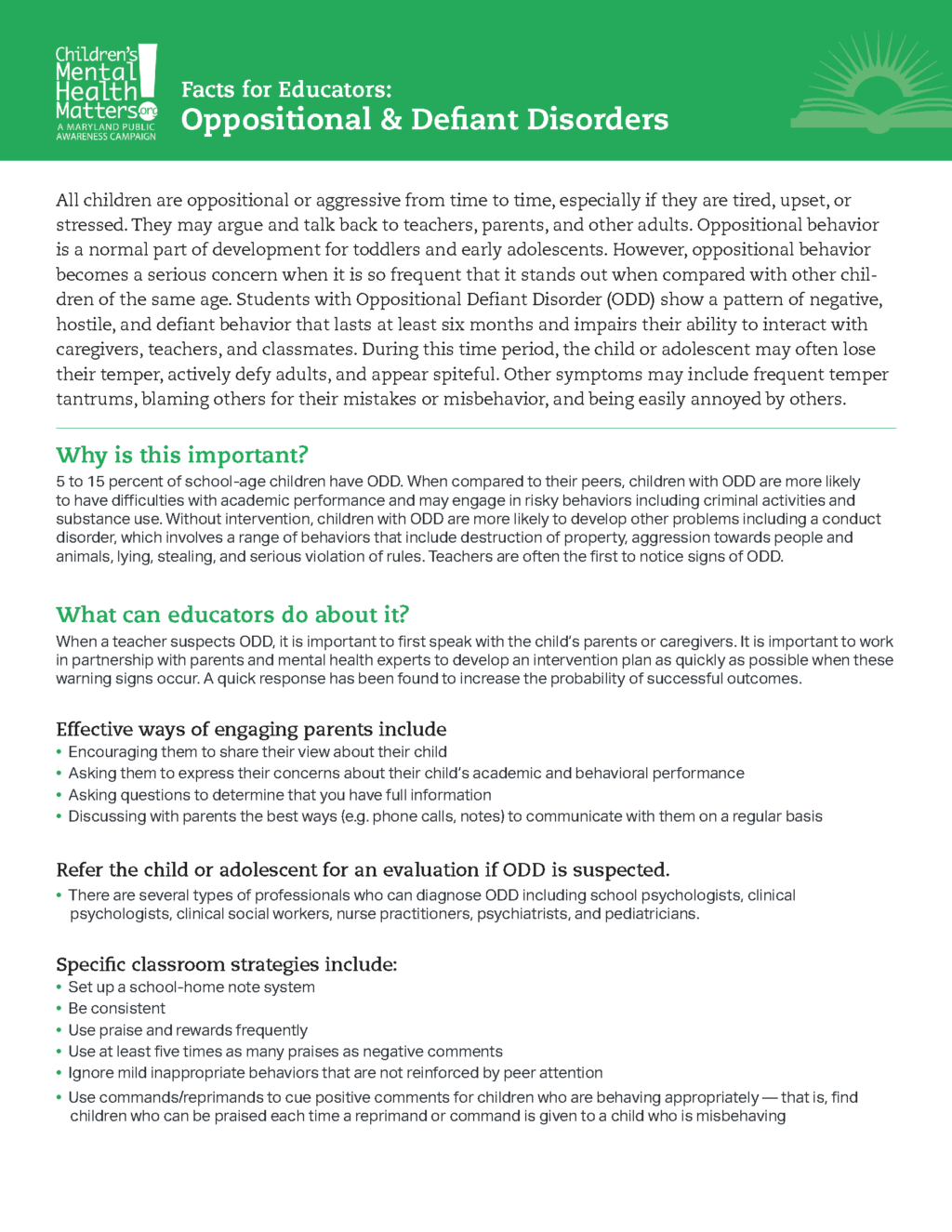 Oppositional Defiant: Facts for Educators - Children's Mental Health ...