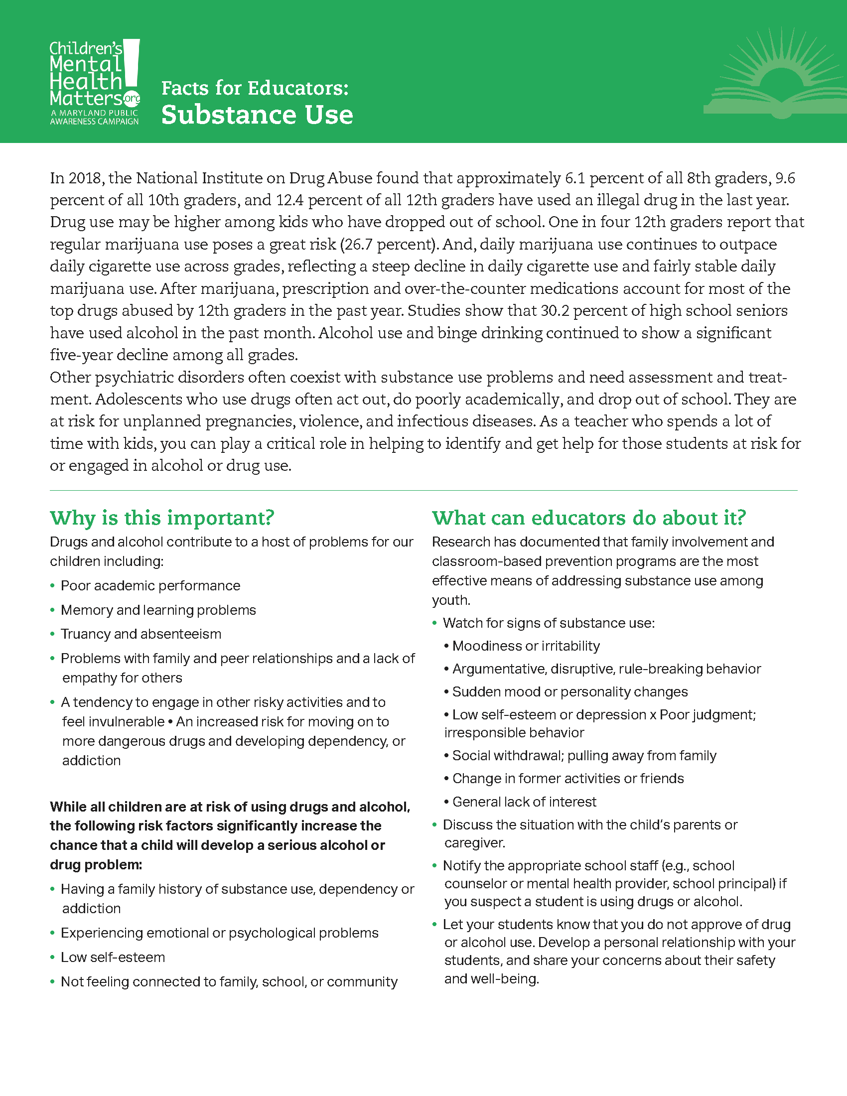 Substance Use: Facts for Educators - Children's Mental Health Matters