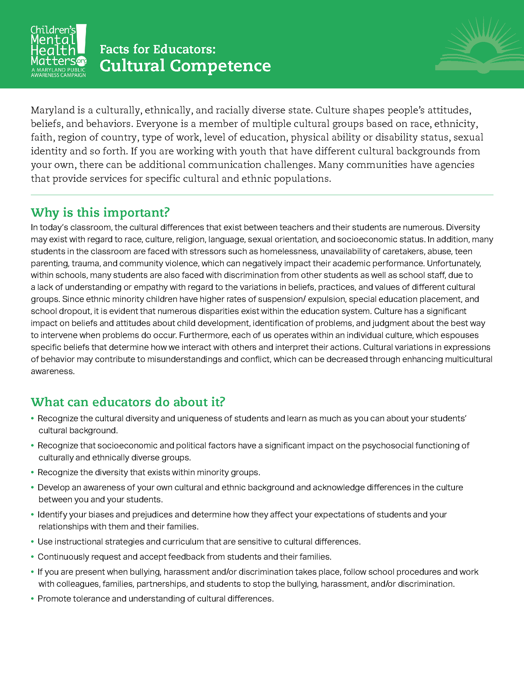 Cultural Competence: Facts for Educators - Children's Mental Health Matters