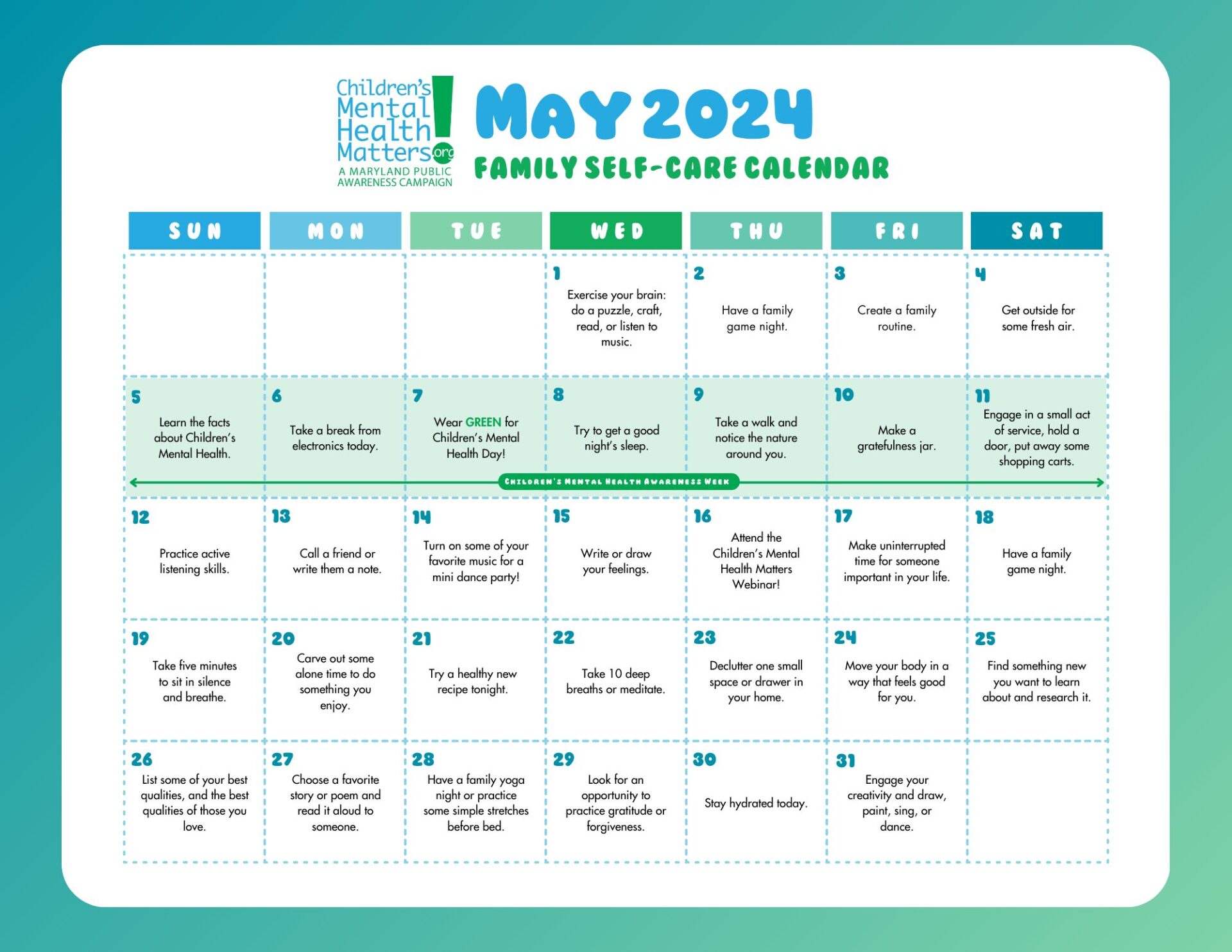 Family Self-Care Calendar - May 2024 - Children's Mental Health Matters